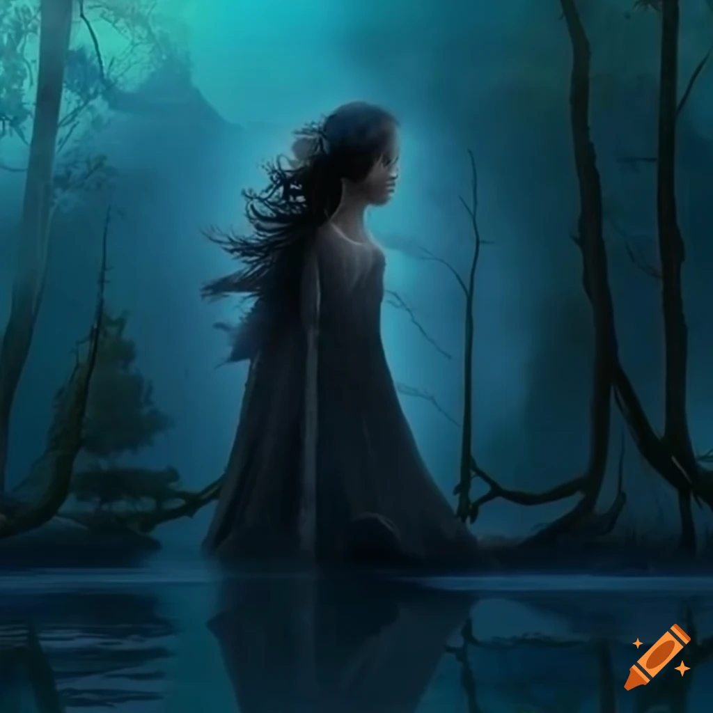 Ethereal figure of a woman emerging from a mountain lake in a timeless ...