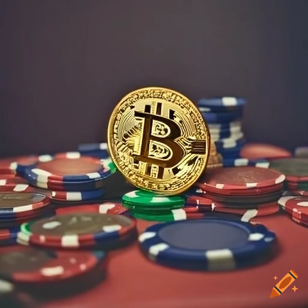 Bitcoins arranged on a poker table like chips on Craiyon