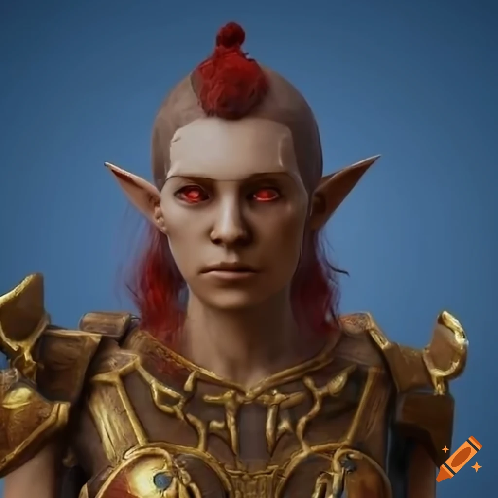 Pale-skinned, red-eyed sci-fi elf man with golden piercings and staff ...