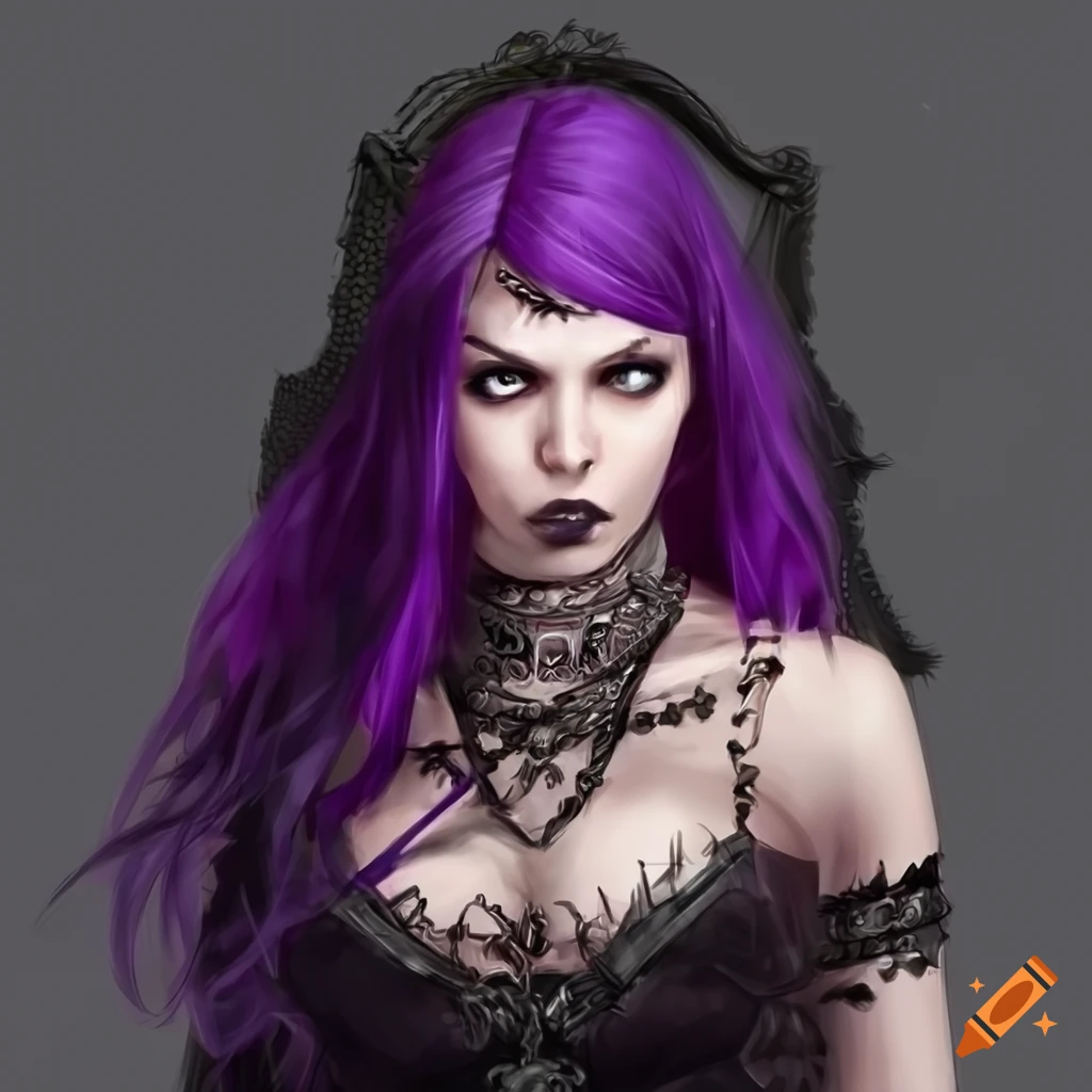 Gothic female warrior with long purple hair on Craiyon