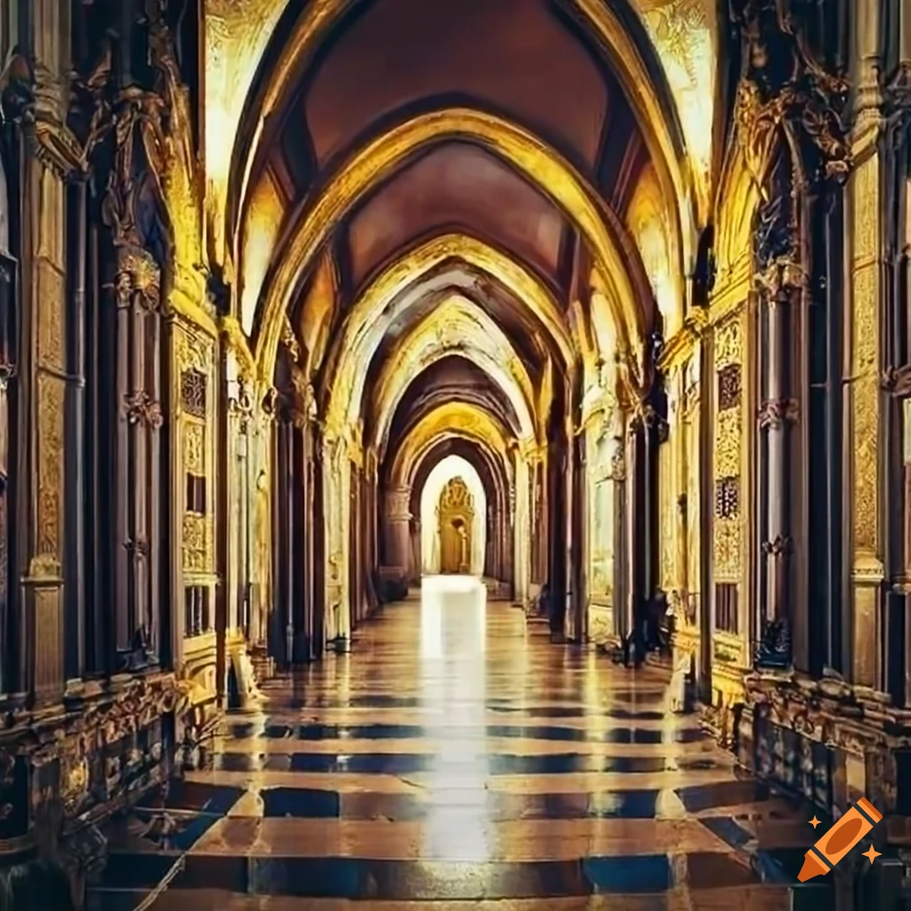 Expansive castle hallway with golden walls on Craiyon