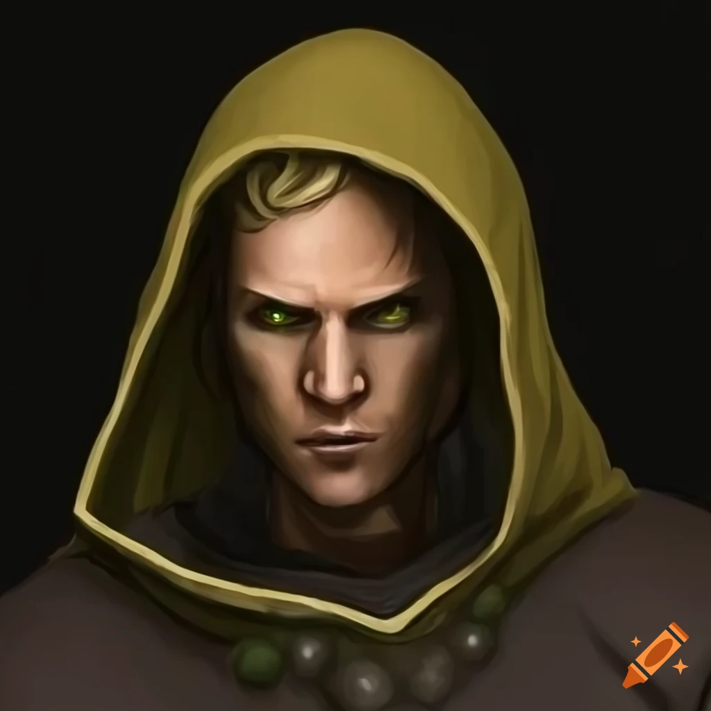 Hooded male human warlock with blonde hair and green eyes on Craiyon
