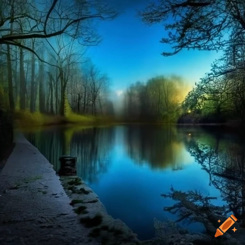 Small moat along a path through an enchanted forest in the early ...