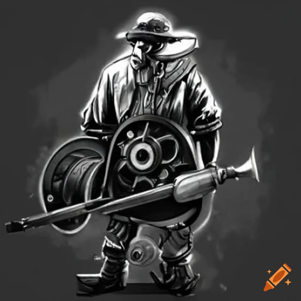 Black and white clockwork gear soldier with spear and shield on Craiyon