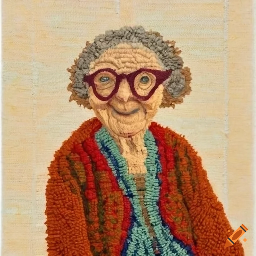 Smiling elderly lady sitting in a primitive style hooked rug on Craiyon