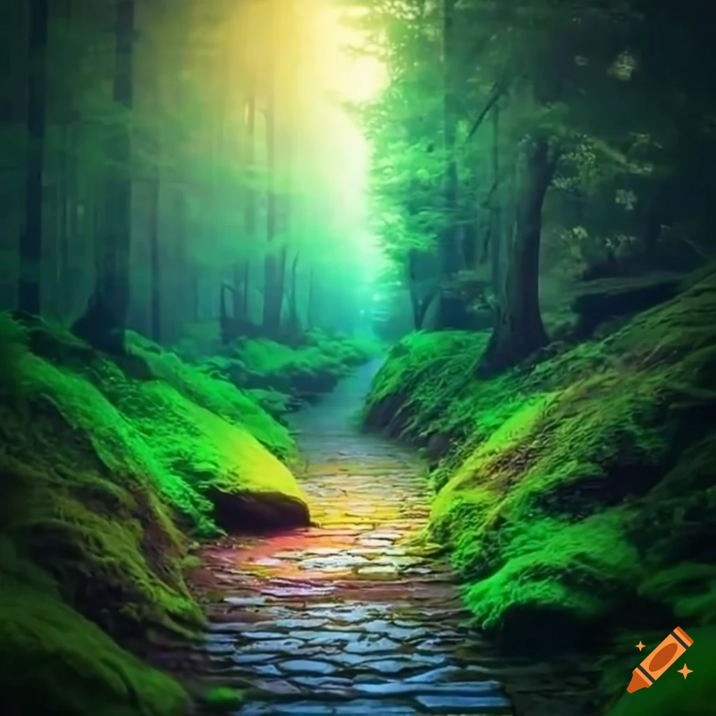 Stone path through an enchanted magical forest in the evening on Craiyon