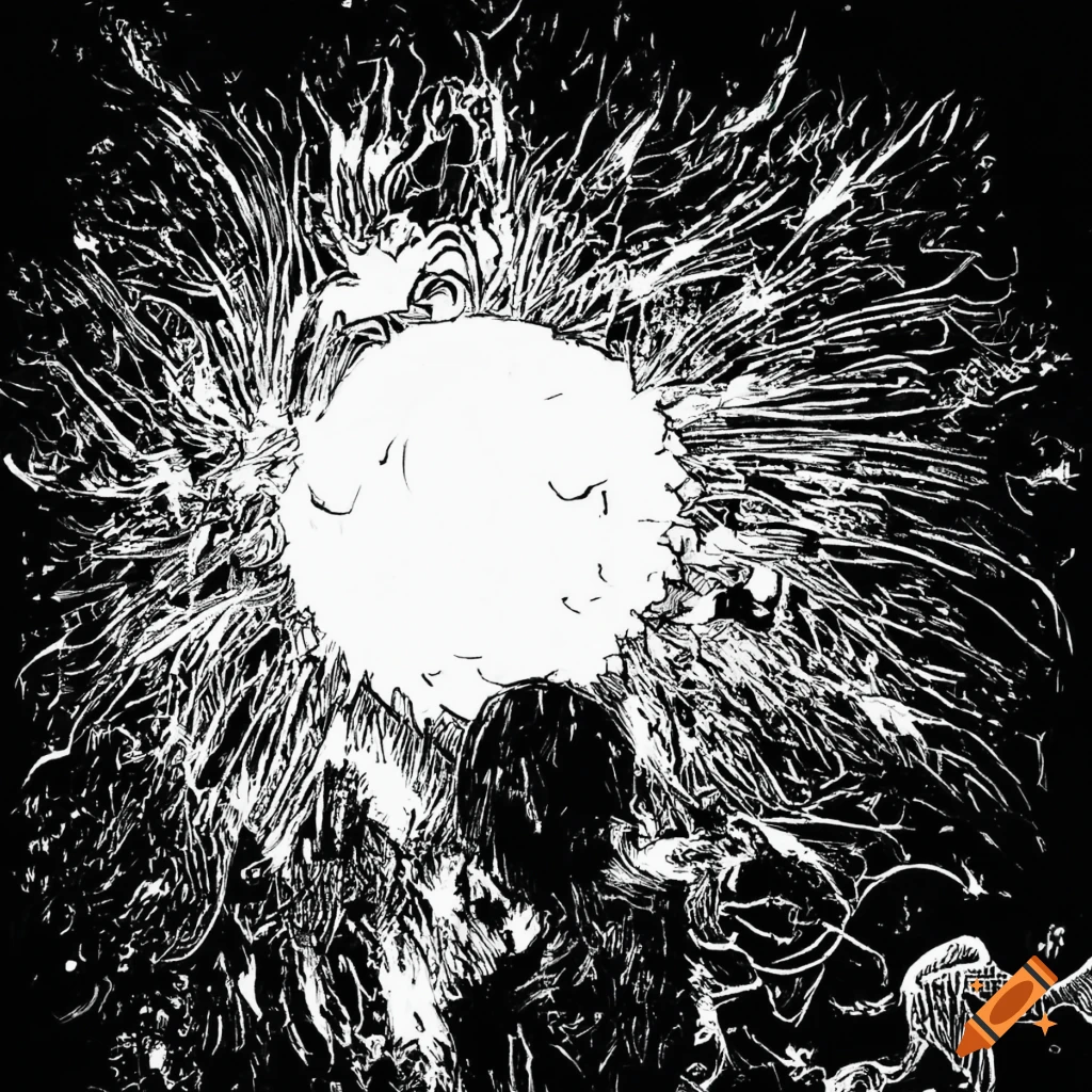 Highly detailed black and white manga panel of an exploding angel in ...