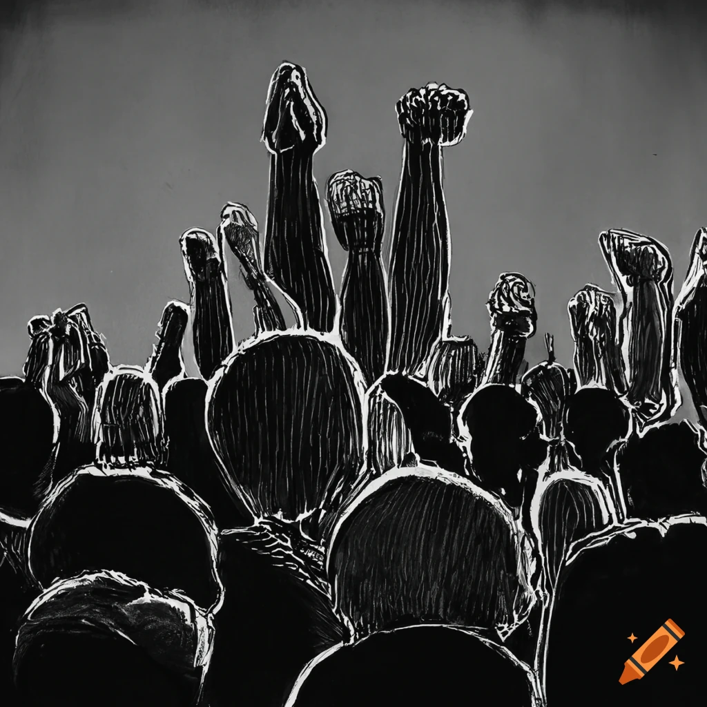 Ink drawing of a crowd from a rear view on Craiyon