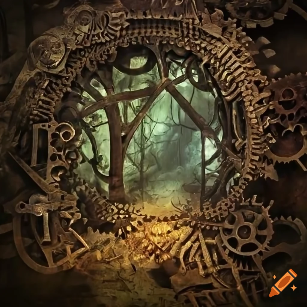 Enchanted magical clockwork with metallic gears, vines, and trees on ...