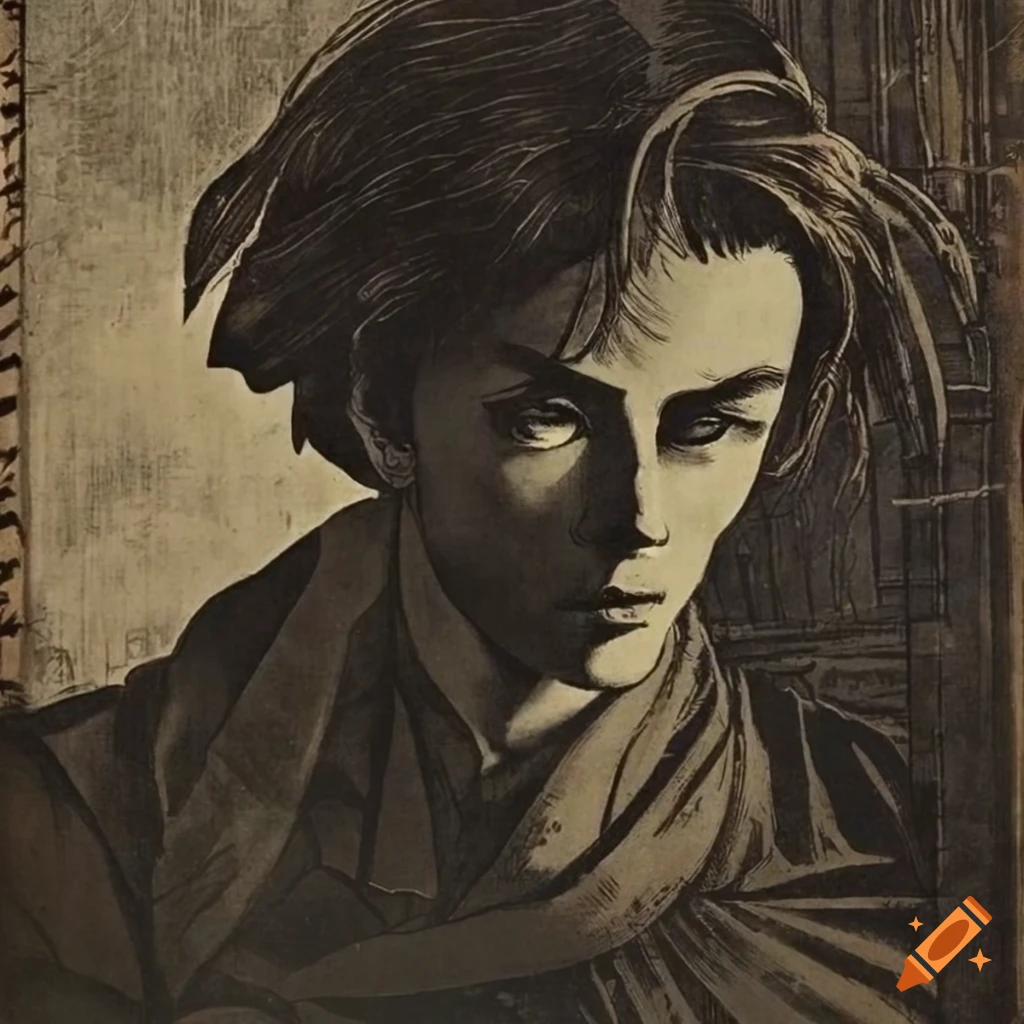 Vintage black and white manga illustration in retro magazine style on ...