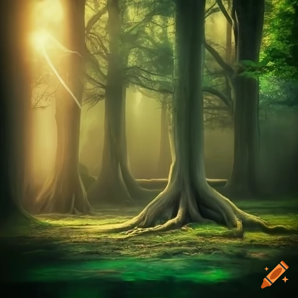 Enchanted forest with gnarled old trees in bright midday sun on Craiyon