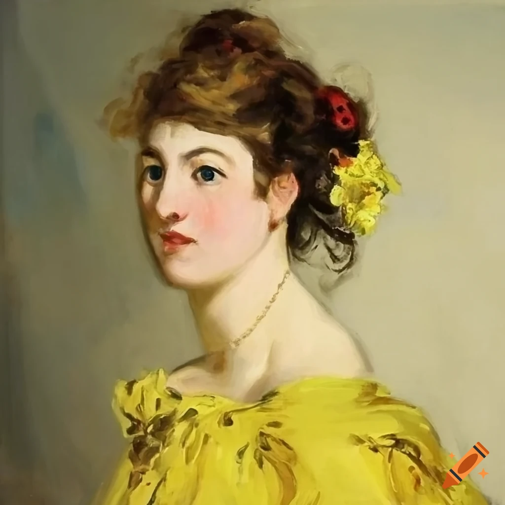 Manet oil painting of a young lady in a white and yellow dress with a ...