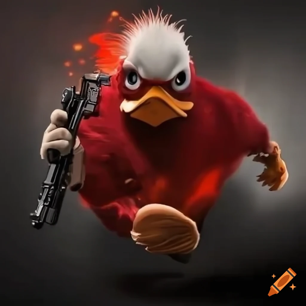 Animated image of an angry white duck holding a machine gun and running ...