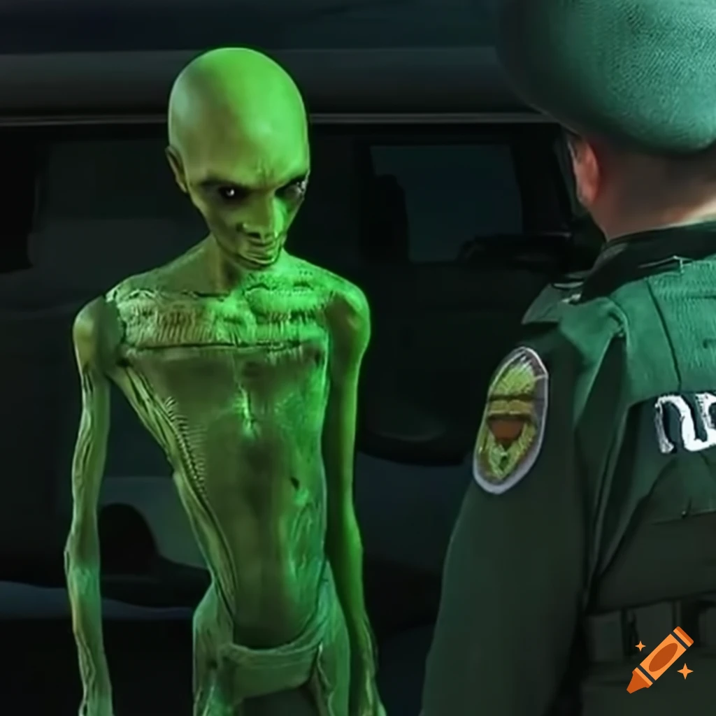Extraterrestrial green alien escorted by us border patrol officers into ...