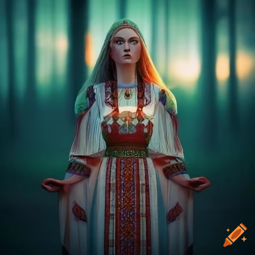 Mystical slavic christian woman in traditional attire by a mountain ...