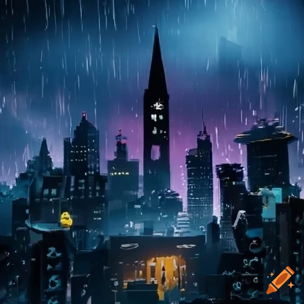 Lego batman overlooking gotham city skyline with raindrops on the brick ...