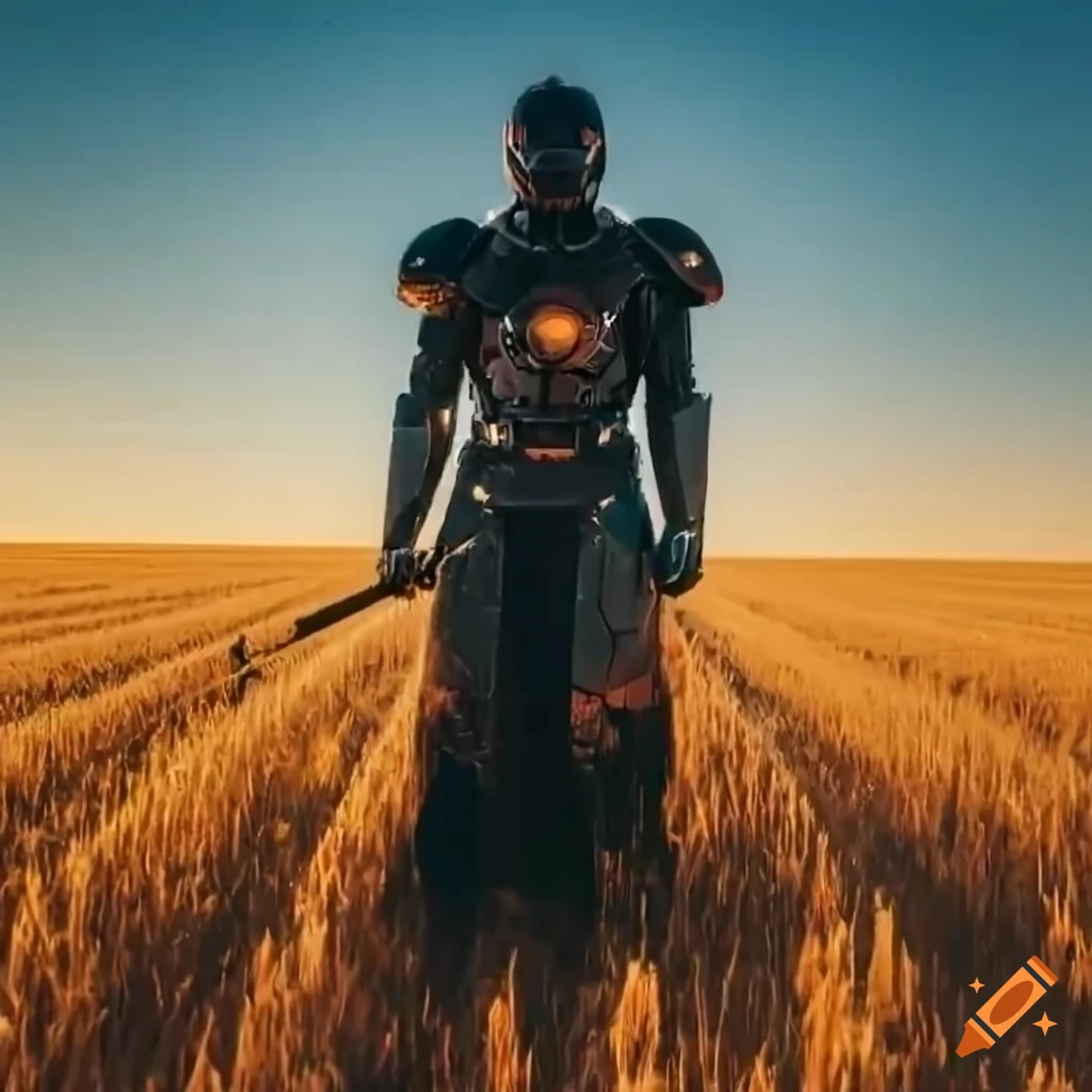 Fierce warrior in black cyborg armor engulfed in fiery orange flames in ...