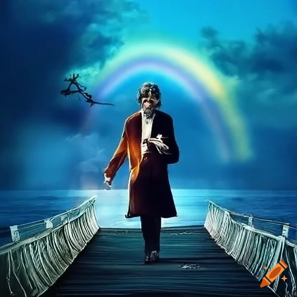 George harrison's soul flying on a rainbow bridge in a peaceful ...