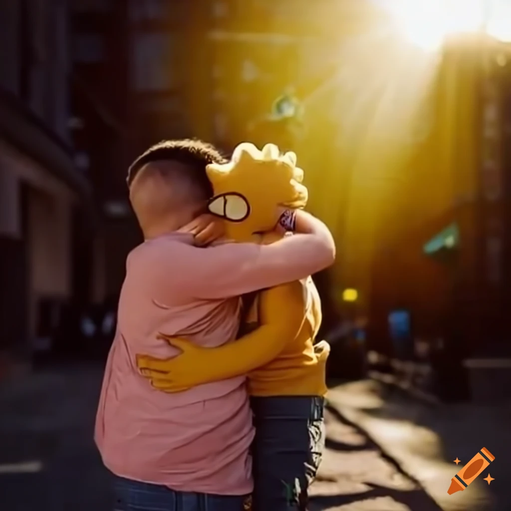 Lisa simpson hugging a friendly young man with a backpack on Craiyon