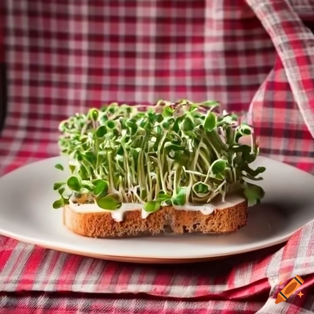 Microgreens sandwich on a plate with tartan napkin on Craiyon