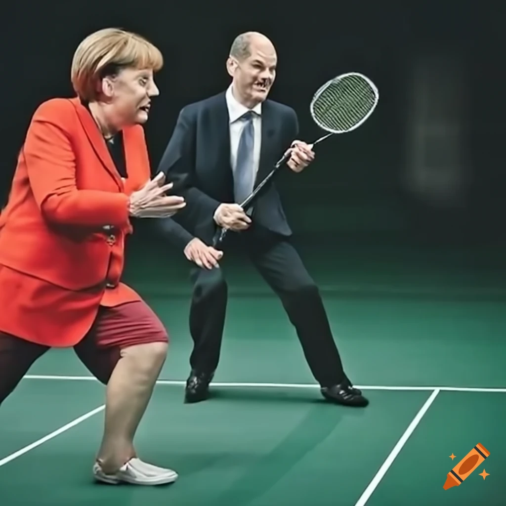 Chancellor olaf scholz playing badminton with angela merkel on Craiyon