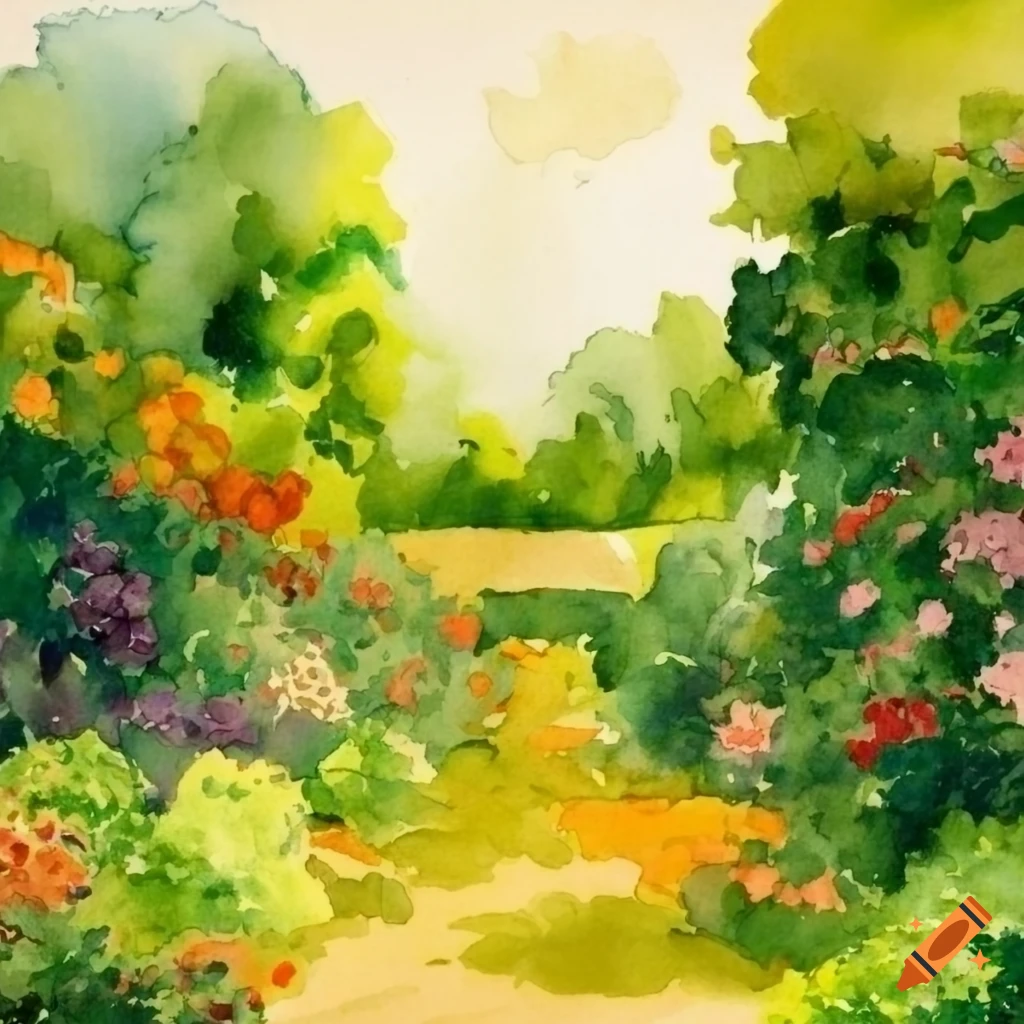 Watercolor painting of a garden with vegetables, flowers, bushes, and ...