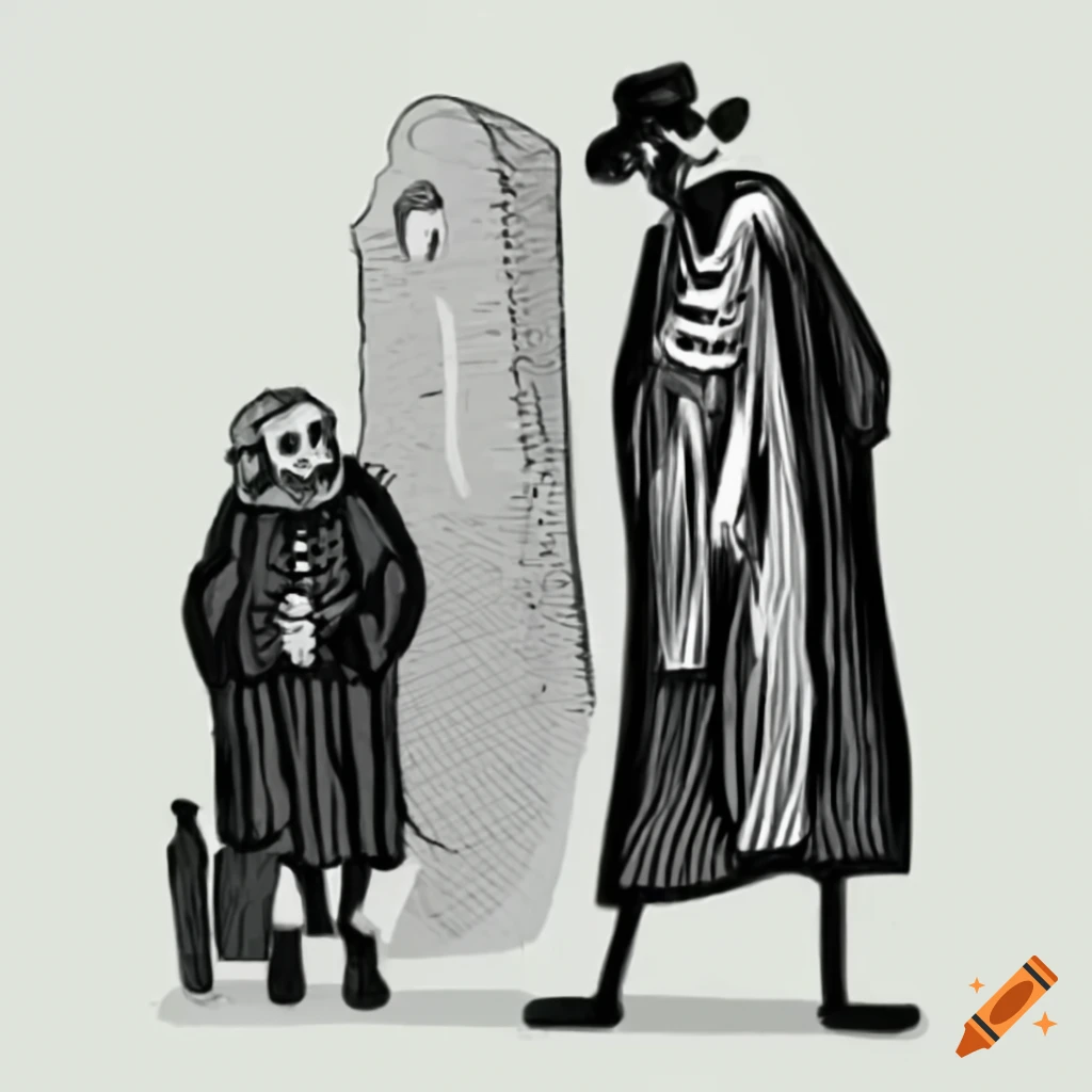 Tall skeleton leading an old peasant man in a cemetery on Craiyon