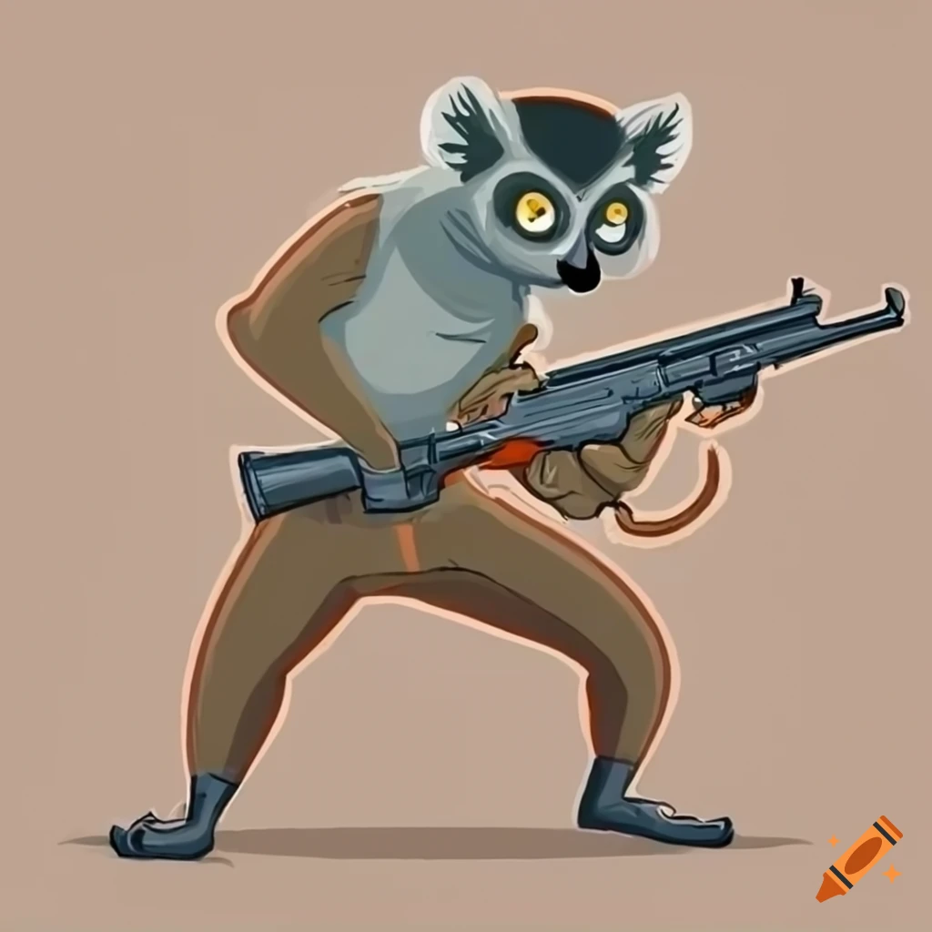 Lemur with a machine gun in a rambo-style cartoon on Craiyon