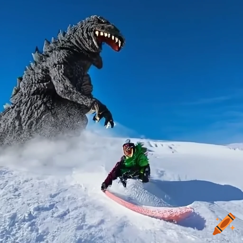 Godzilla chasing skier near niseko chairlift on Craiyon