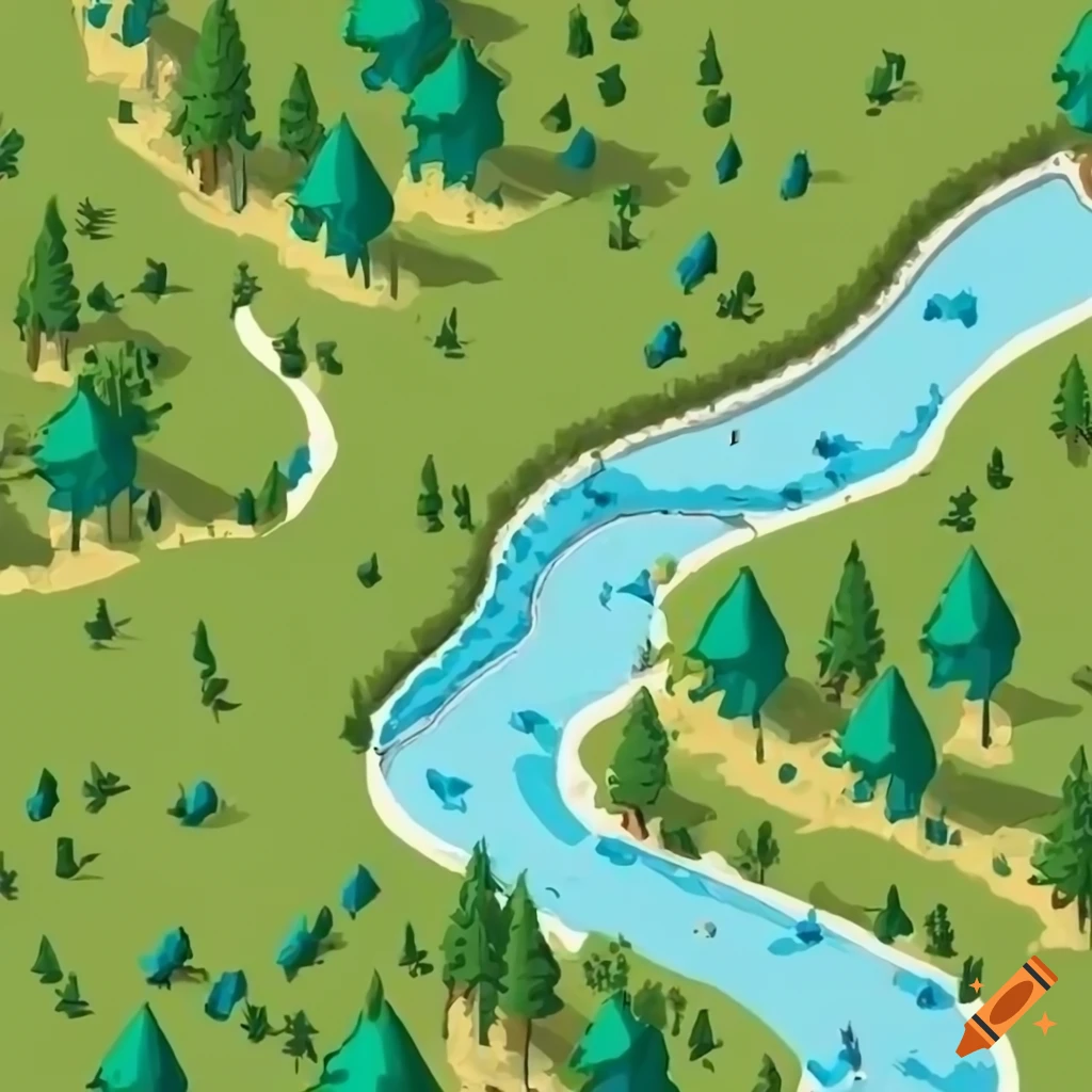 Isometric forest map with stream and valley on Craiyon