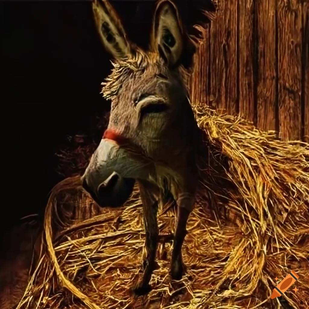 Crippled donkey surrounded by psychedelic barn straw in hyper-realistic ...