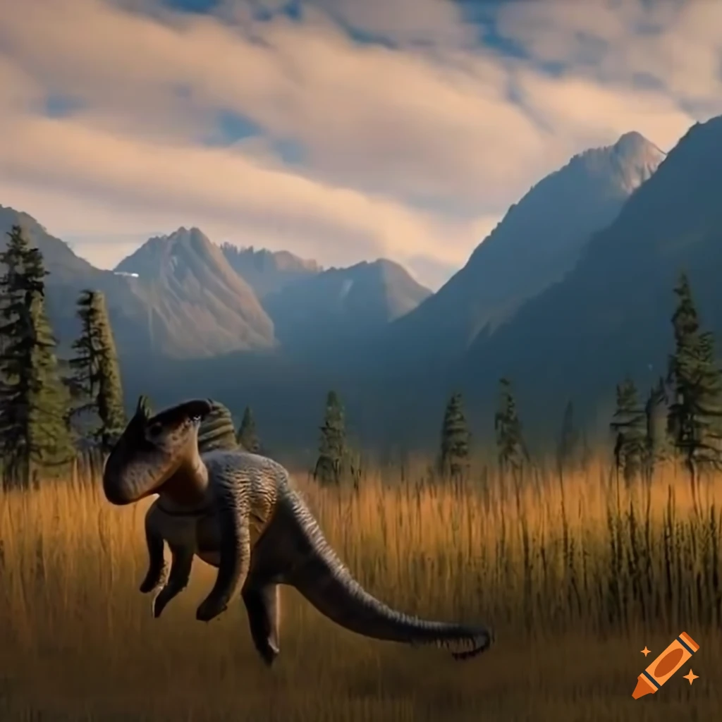 Two scientifically accurate Hadrosaurus dinosaurs walking in a British ...
