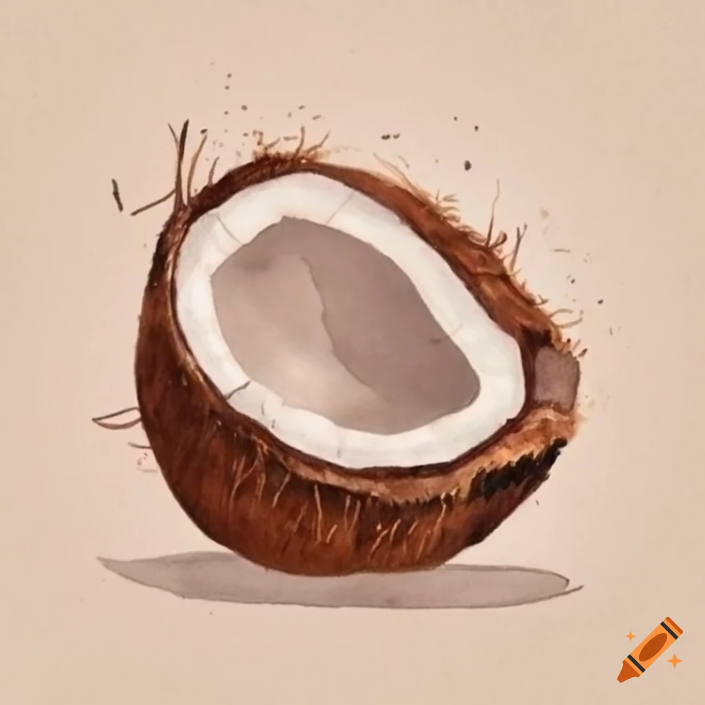 Open coconut on a rock in watercolor on Craiyon