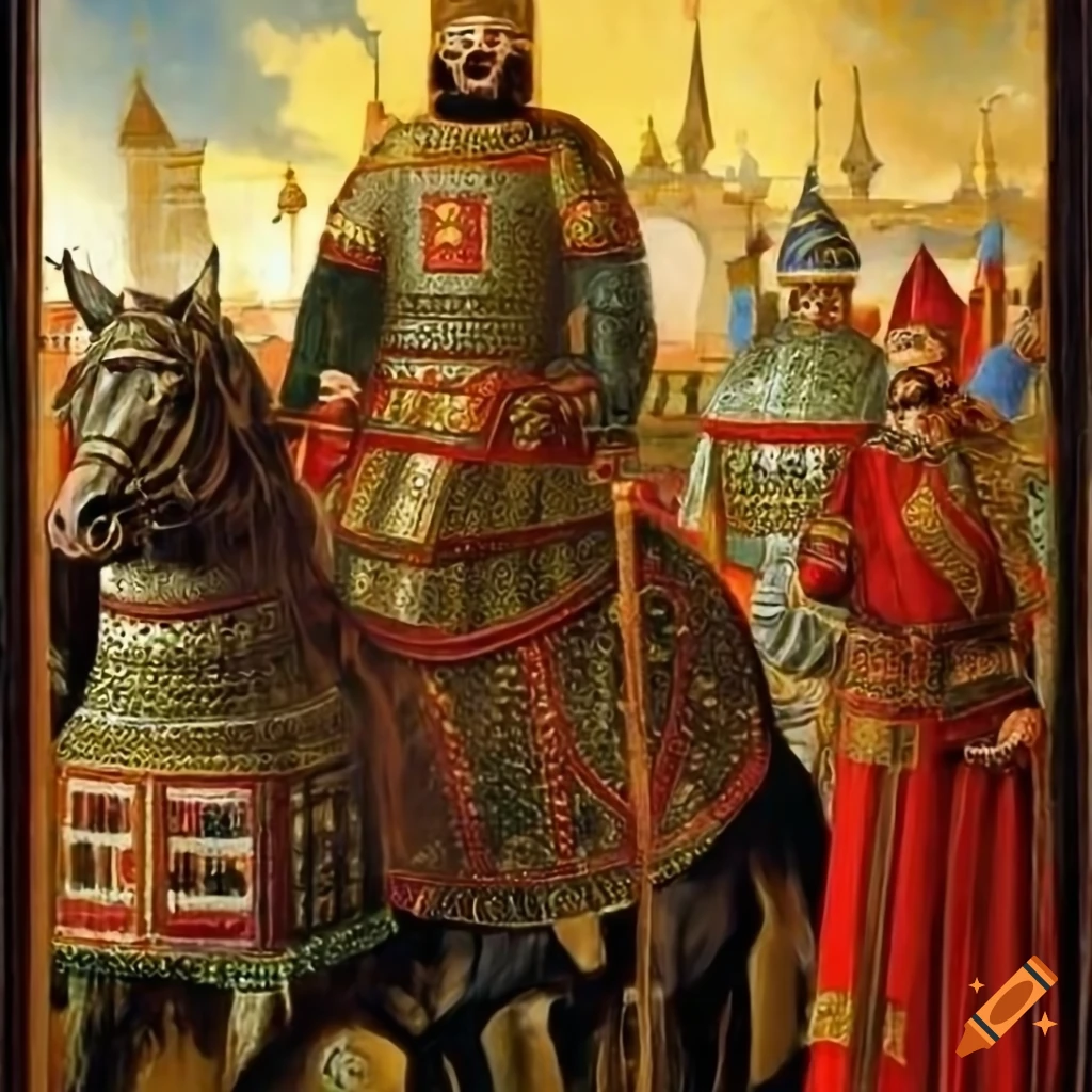 Historical painting of king of rus entering a conquered city on ...