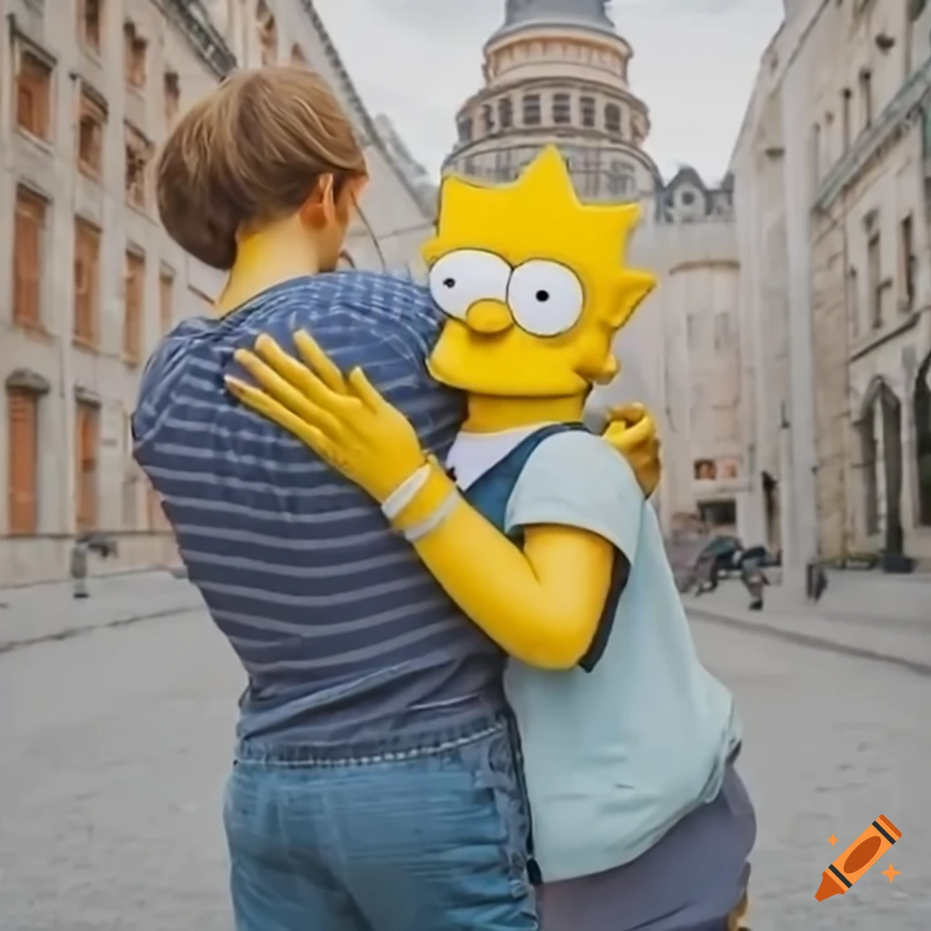 Lisa simpson hugging a young man with a backpack on Craiyon