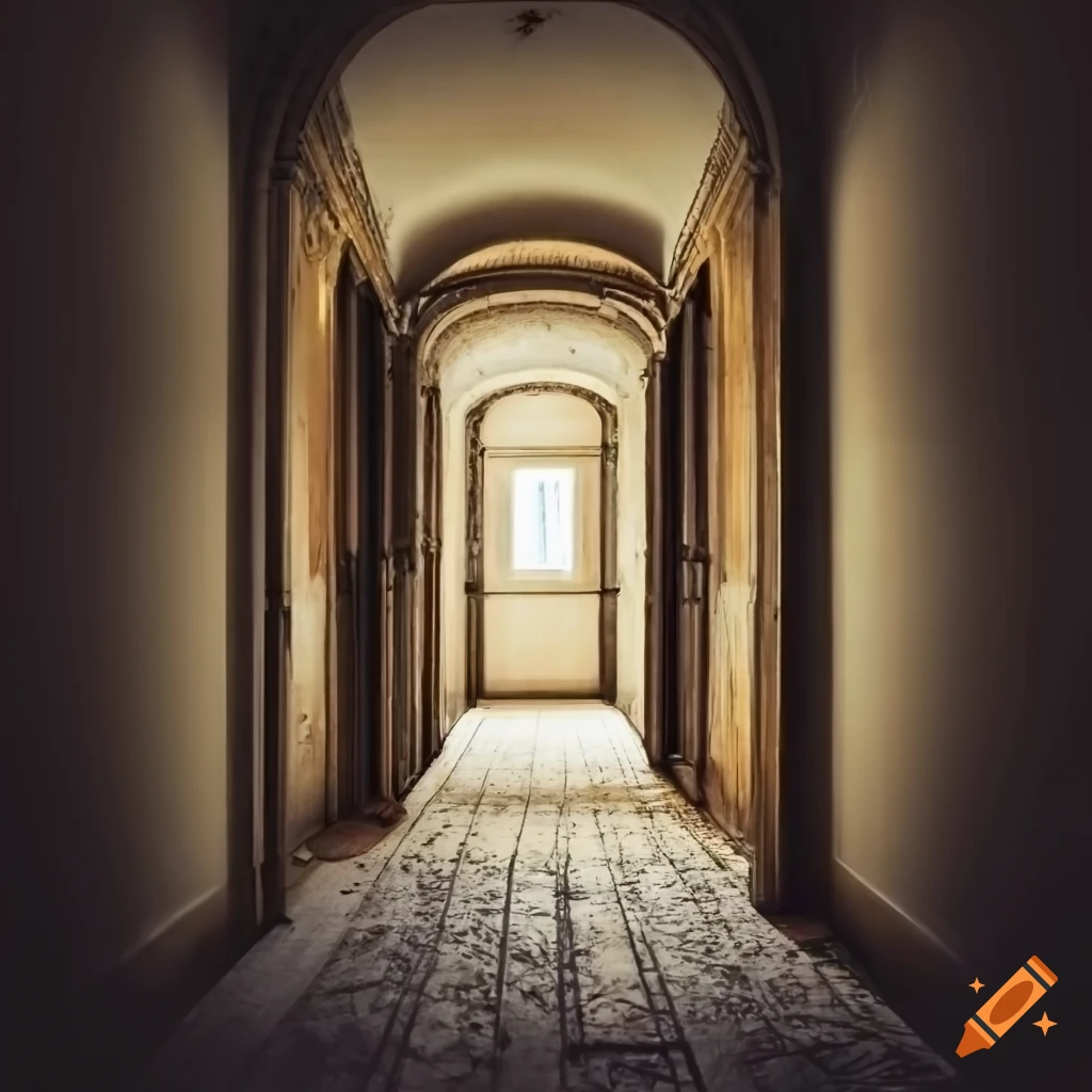 Long old hallway with doors and staircase on Craiyon