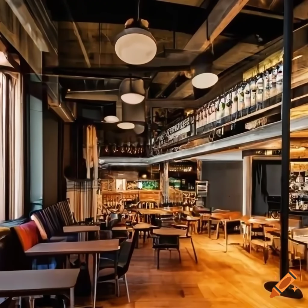 Public building interior with bar café concept, seating stairs, and ...