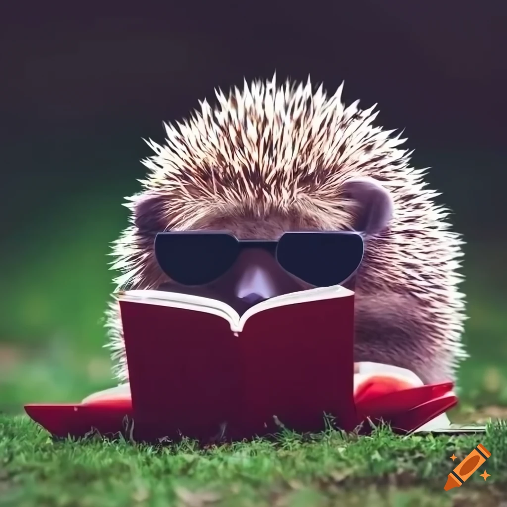 Cute hedgehog with sun hat and sunglasses reading a book on grass on ...