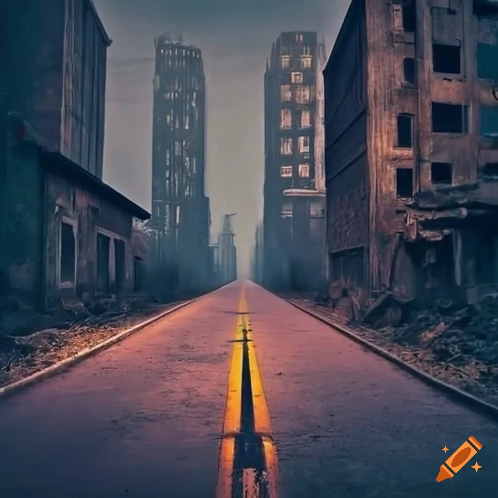 Lonely road leading to an abandoned city on Craiyon