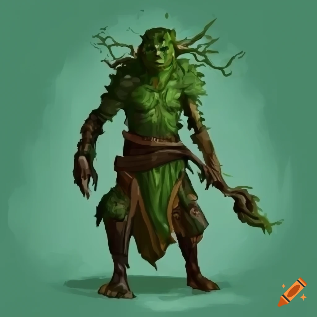 DnD style male treefolk with bark skin and moss in a forest-like ...