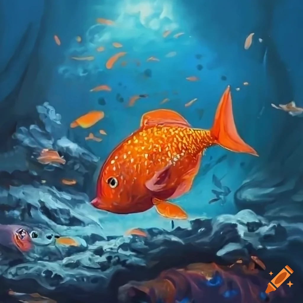 Magical castle shining under the ocean with orange fishes in an ...