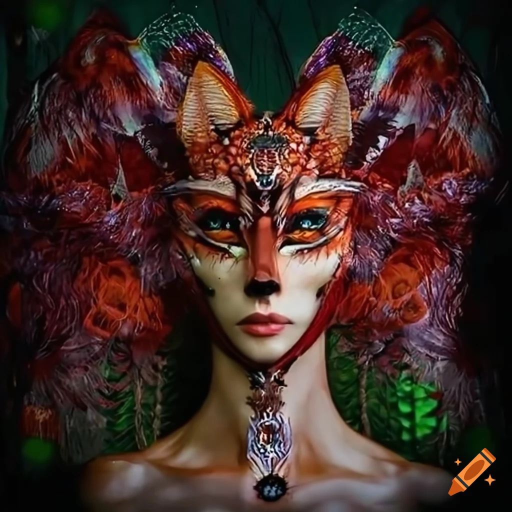 Biopunk Cyborg red fox goddess adorned with Biopunk in a forest on Craiyon
