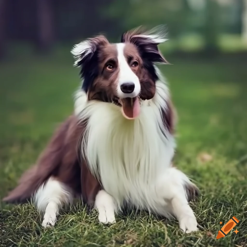 Fluffy brown and white border collie dog on the grass on Craiyon