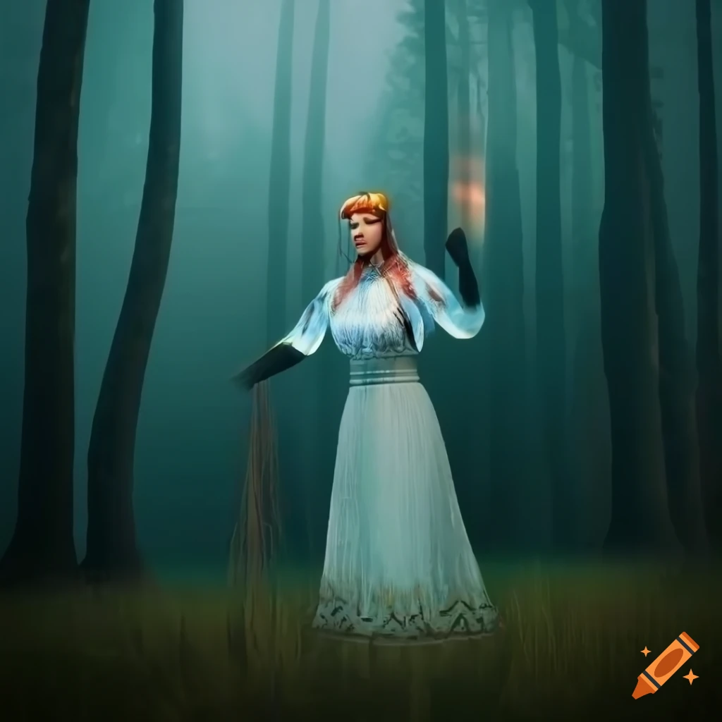 Mystical slavic christian woman in traditional attire by a mountain ...