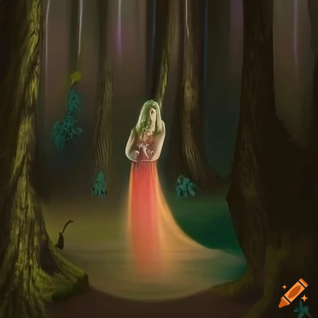 Ethereal figure of a woman emerging from a mountain lake in a timeless ...