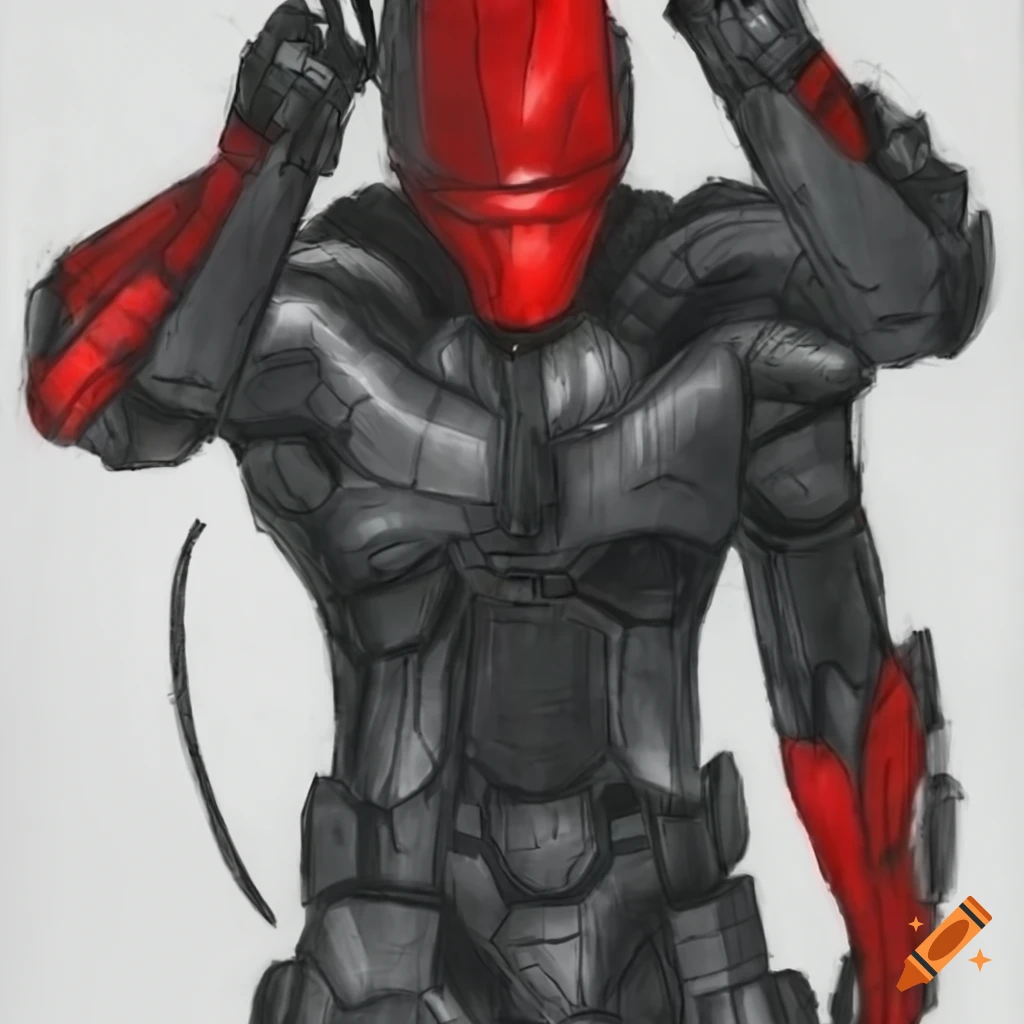 Futuristic battle-scarred superhero or anti-hero costume with high-tech red helmet and black ...