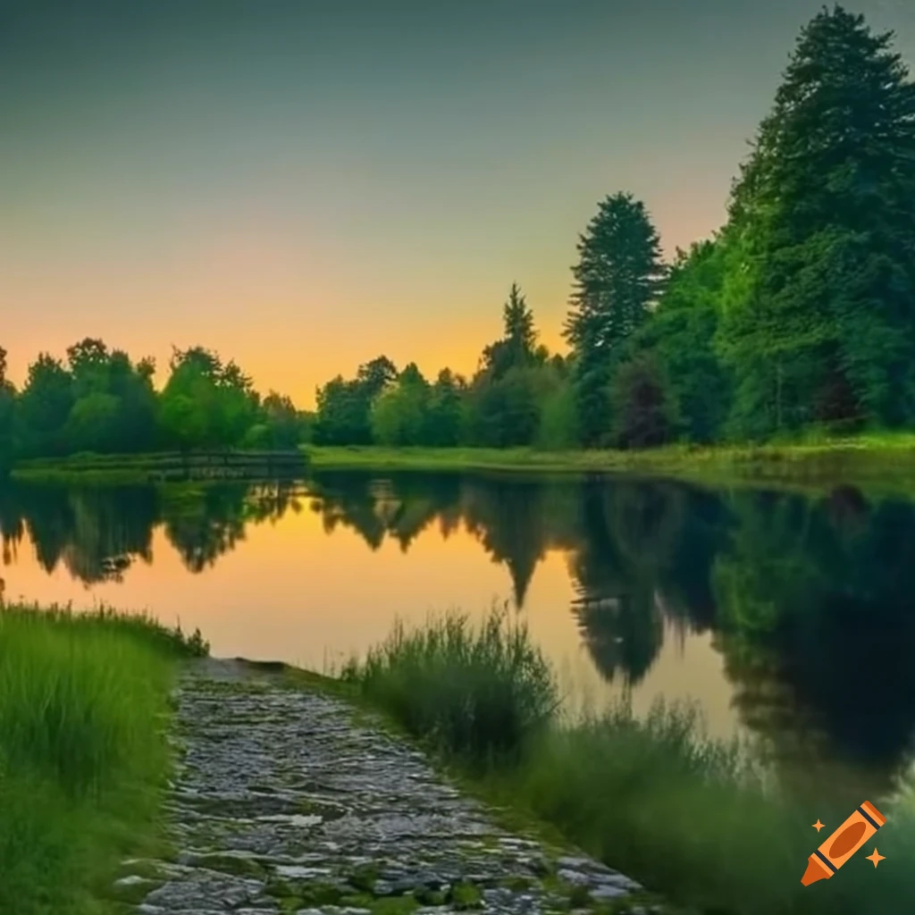 Small moat leading along a stone path through a meadow with enchanted ...