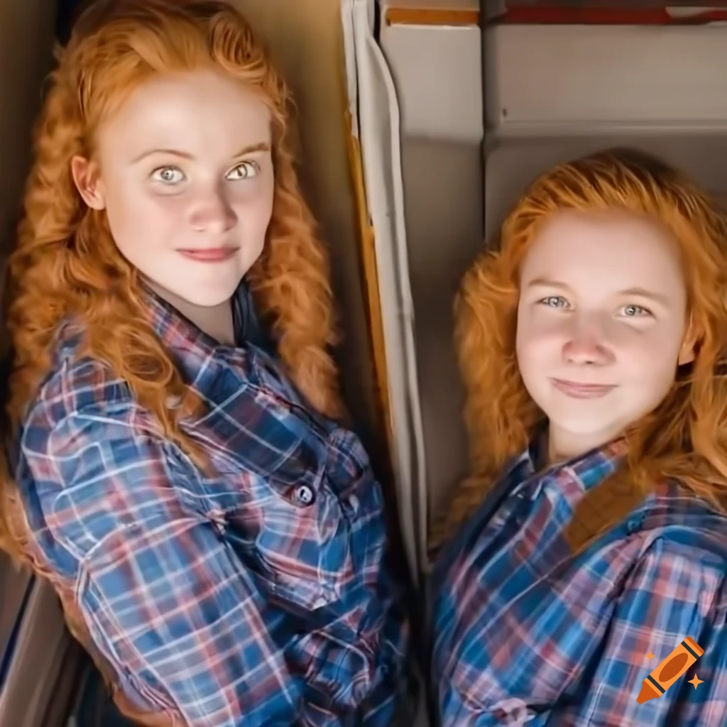 Two ginger female twins standing in a caravan trailer doorway on Craiyon