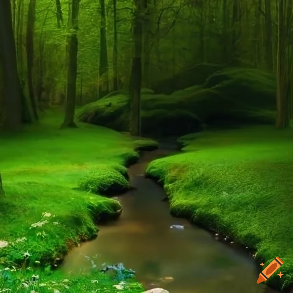 Small stream flowing through an enchanted meadow with magical trees on ...