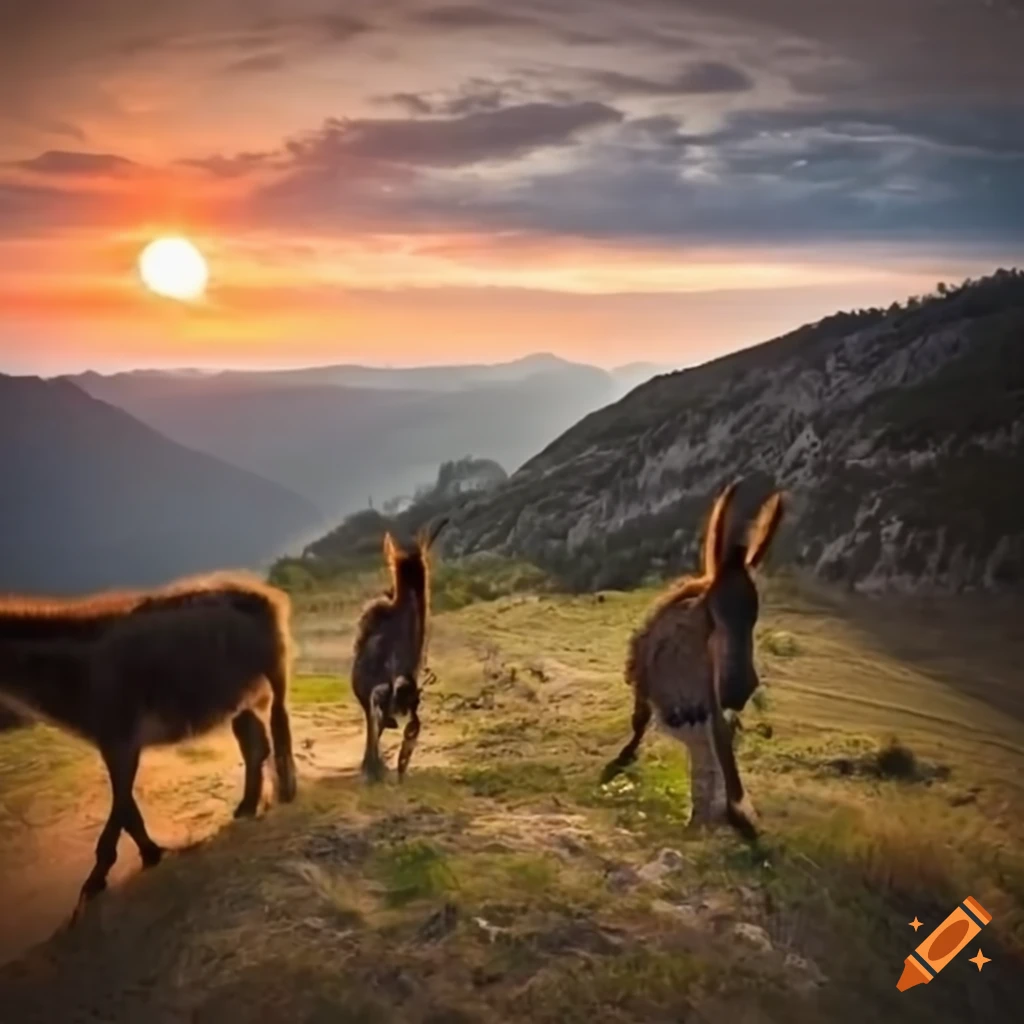 Cévennes landscape with donkeys at sunset on Craiyon